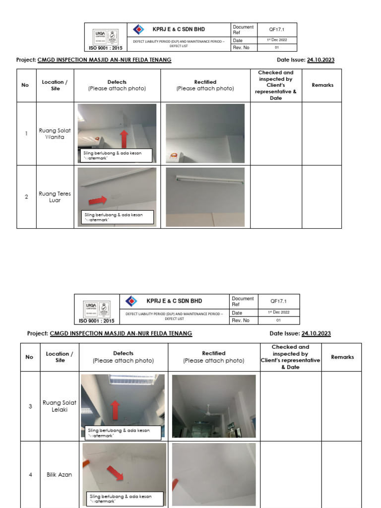 Rectified Defects - CMGD Masjid An-Nur Tenang | PDF