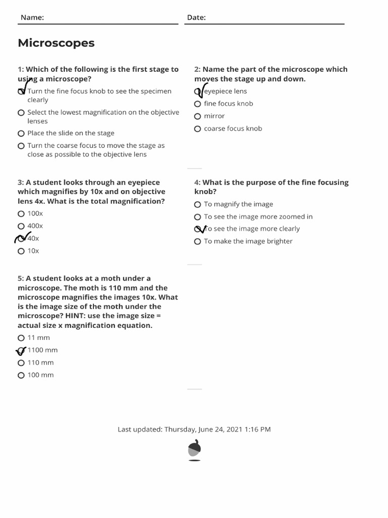 Microscopes Exit Quiz Questions 2 | PDF