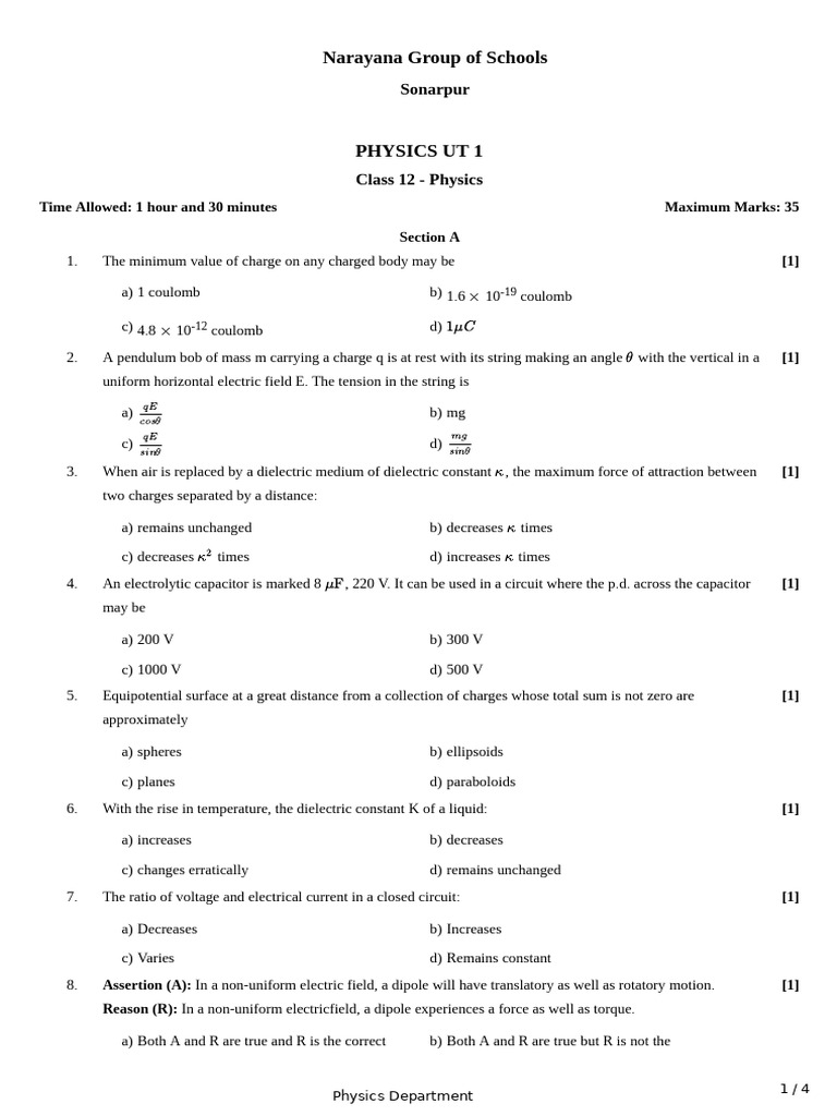 Class 12 Physics UT 1 Question Paper | PDF | Capacitor | Electrical Resistivity And Conductivity