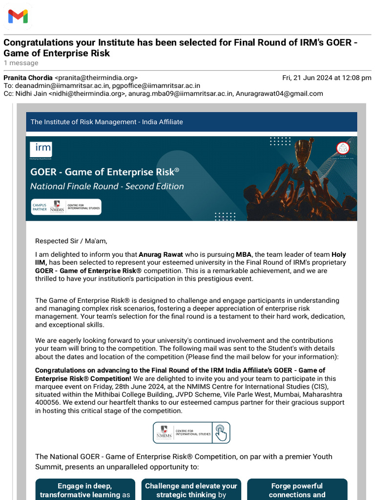 Gmail - Congratulations Your Institute Has Been Selected For Final Round of IRM's GOER - Game of ...