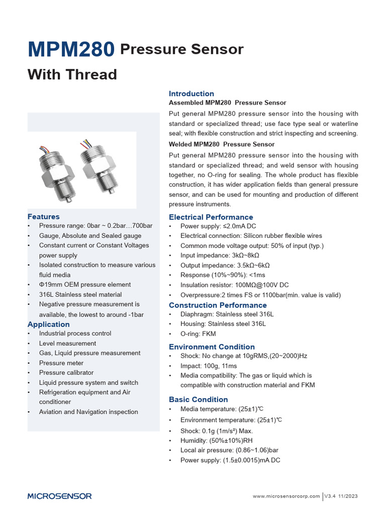 MPM280-Pressure-Sensor | PDF | Power Supply | Pressure Measurement
