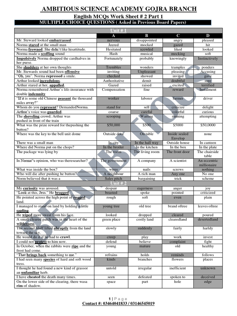 English MCQs Work Sheet # 2 | PDF