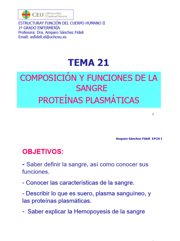 Tema 21 Composición y Funciones de La Sangre Proteínas Plasmáticas | PDF | Sangre | Plasma sanguíneo