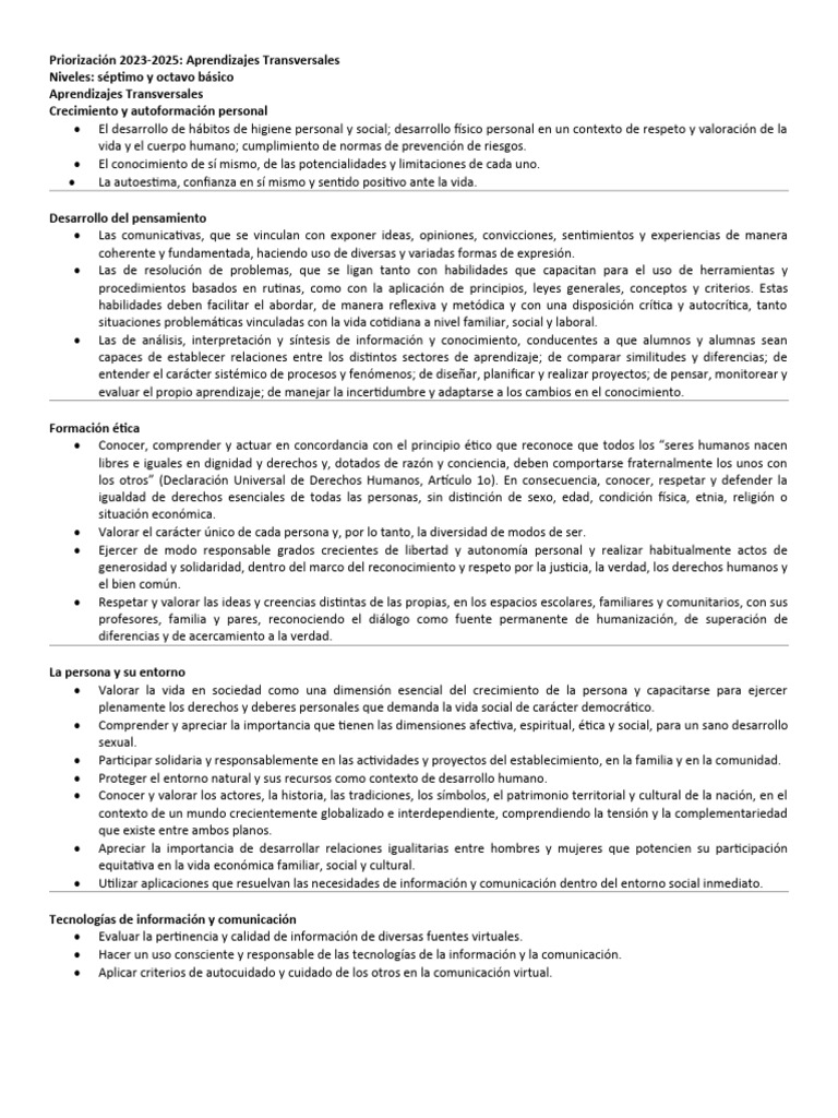 Aprendizajes Transversales 2023-2025 | PDF | Aprendizaje | Pensamiento