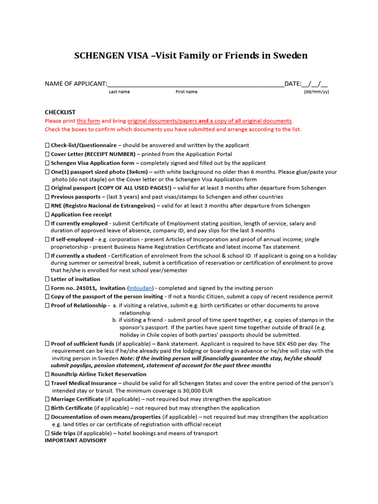 Schengen-Visa Family Friends Checklist Sweden | PDF | Passport | Travel ...