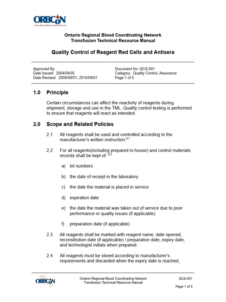 QCA.001 Quality Control of Reagent Red Cells and Antisera Final | PDF ...