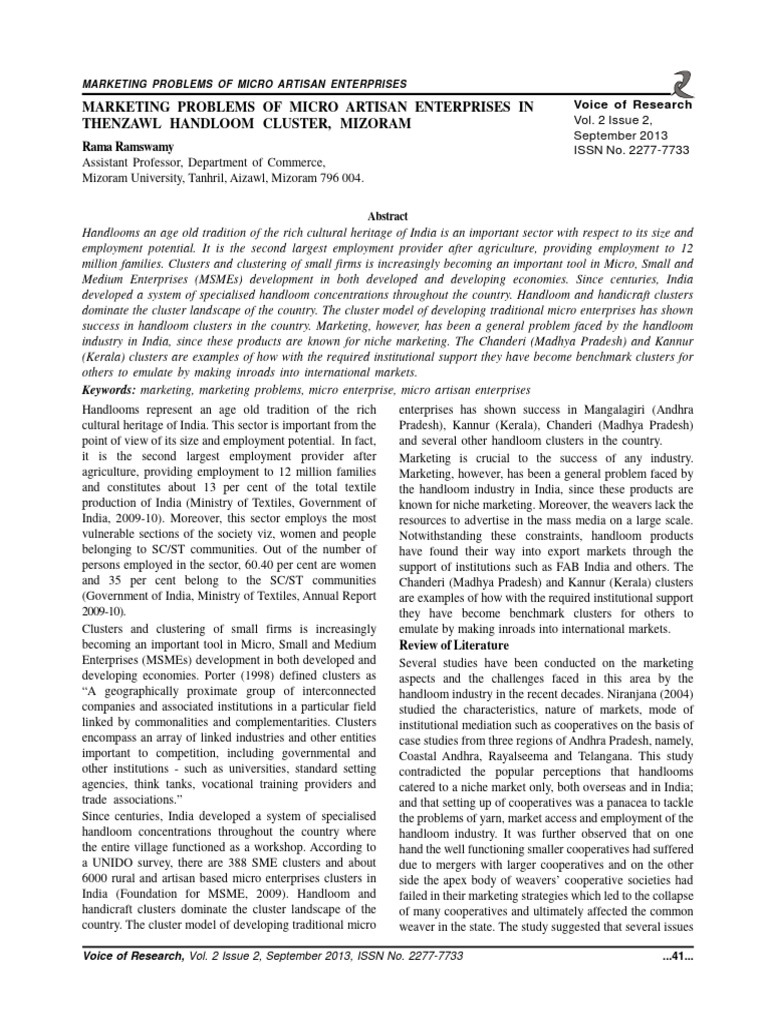 Marketing Problems of Micro Artisan Enterprises in Thenzawl Handloom Cluster, Mizoram | PDF ...