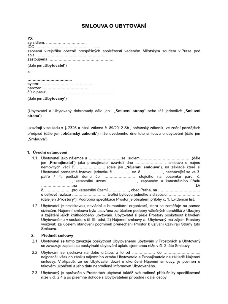 Smlouva o Ubytování - Formulář | PDF