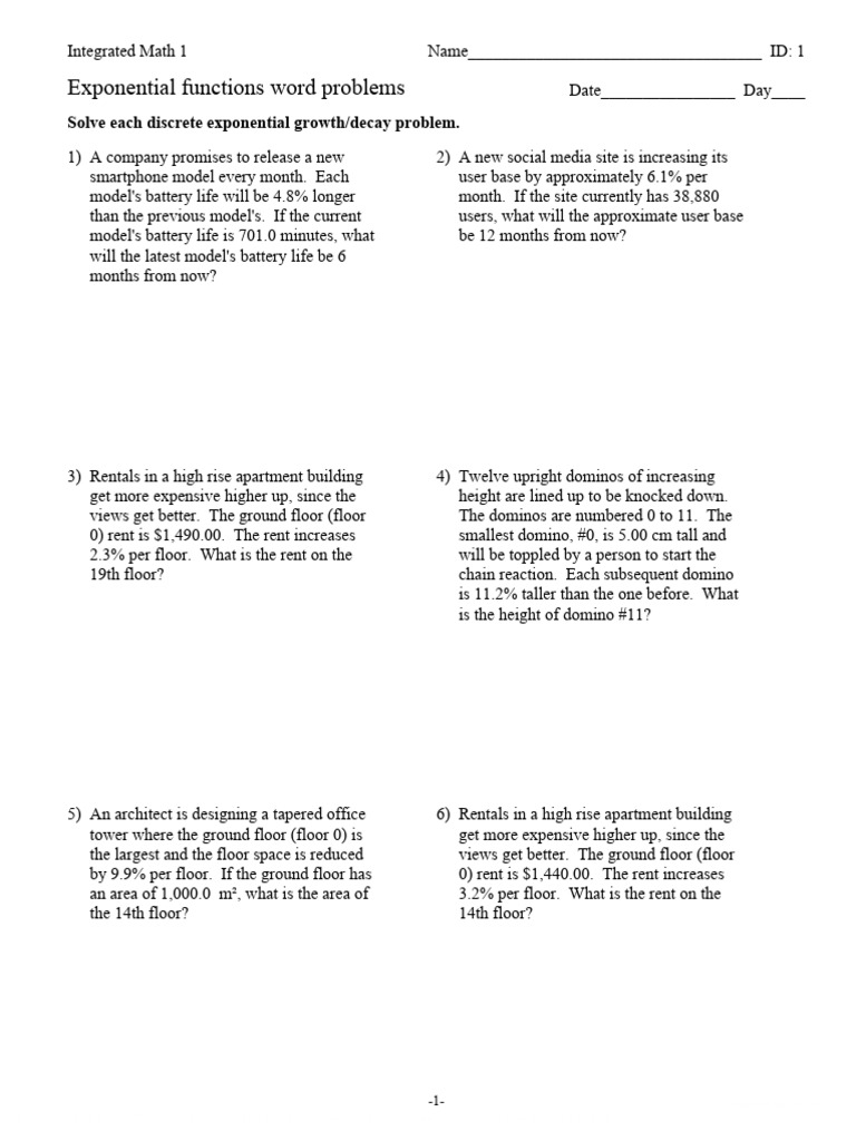 Exponential Functions Word Problems | PDF | Renting | Apartment