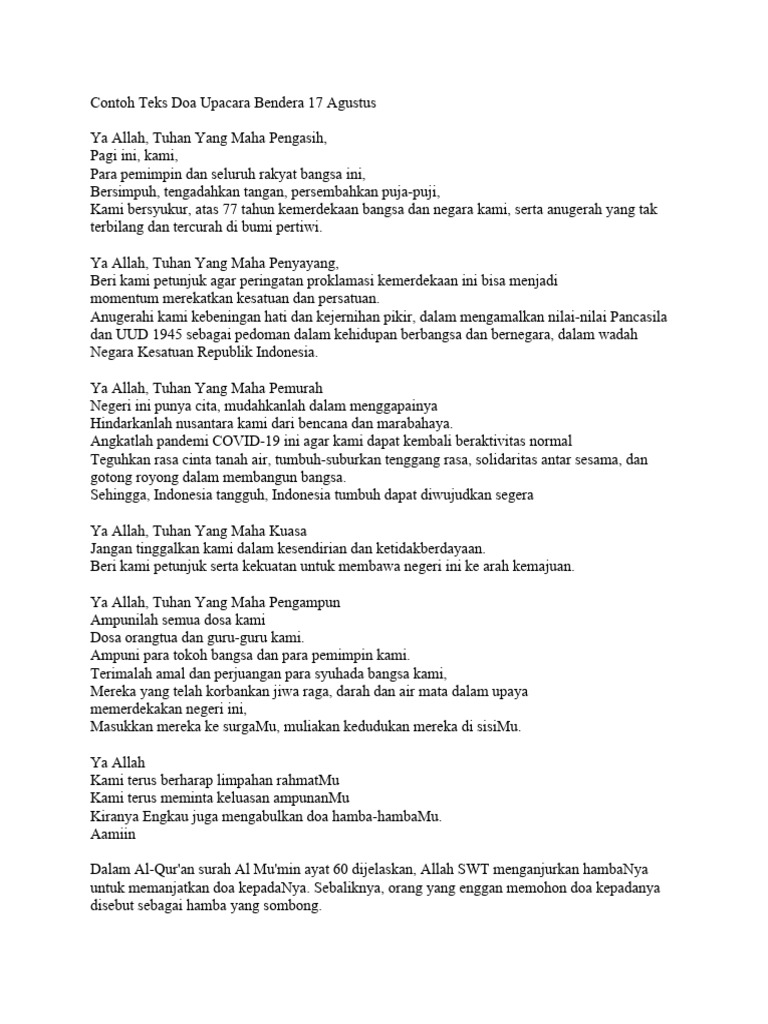 Contoh Teks Doa Upacara Bendera 17 Agustus | PDF