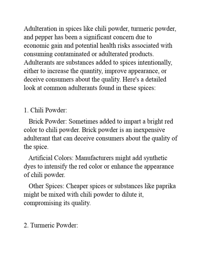 Adulteration in Spices Like Chili Powder | PDF | Spice | Chili Pepper