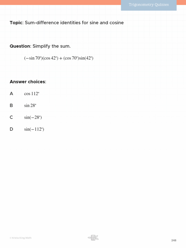 01 Sum-Difference Identities For Sine and Cosine | PDF | Elementary ...