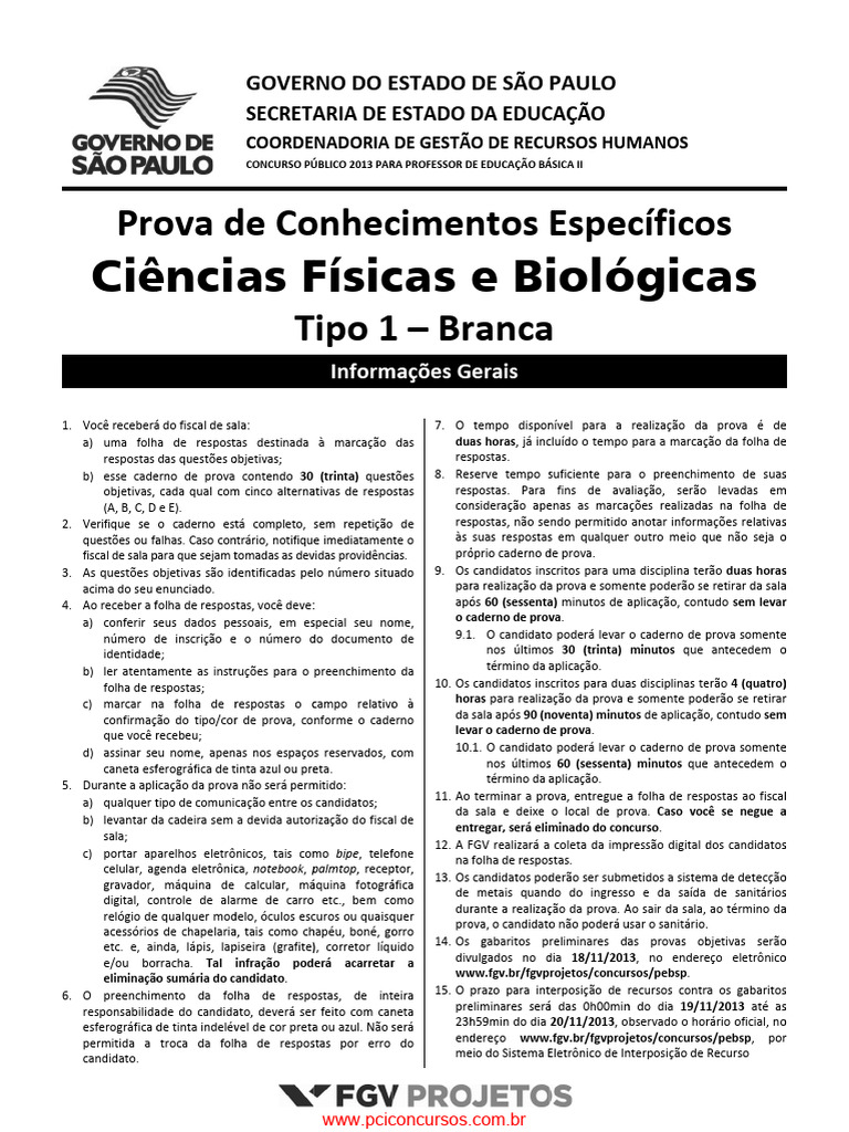 Prova Conhecimento Específicos - FGV - Ciências Físicas e Biológicas | PDF | Célula (Biologia)