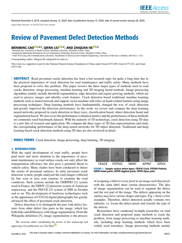 Cao (2019) Review of Pavement Defect Detection Methods | PDF | Image Segmentation | Machine Learning