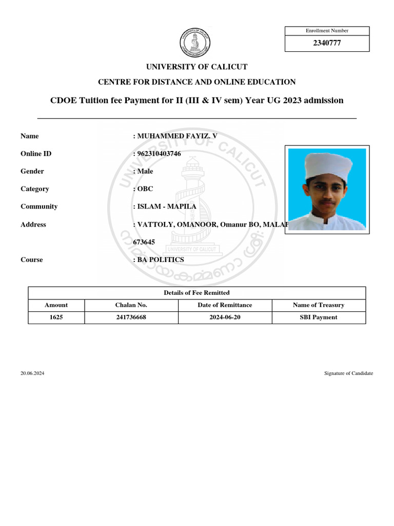 CDOE Tuition Fee Payment For II (III & IV Sem) Year UG 2023 Admission | PDF