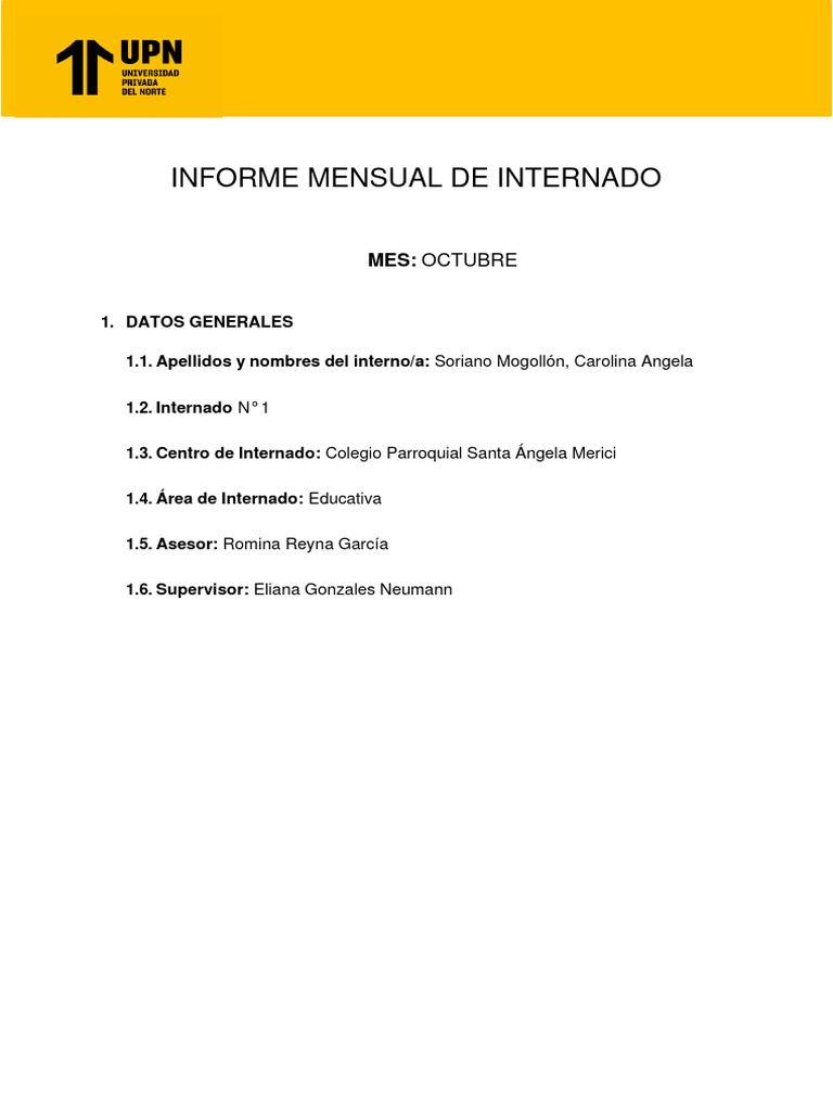 Informe Mensual de Octubre - Lara Honores - Mathias Alessandro | PDF ...