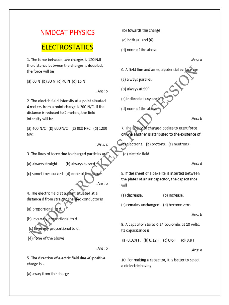 NMDCAT Physics: Electrostatics Quiz | PDF | Capacitor | Capacitance