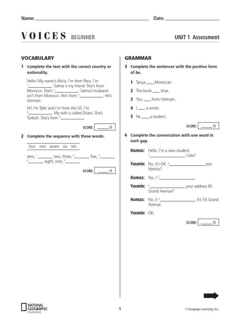 Voices Beginner U01 Test | PDF | Psycholinguistics | Human Communication
