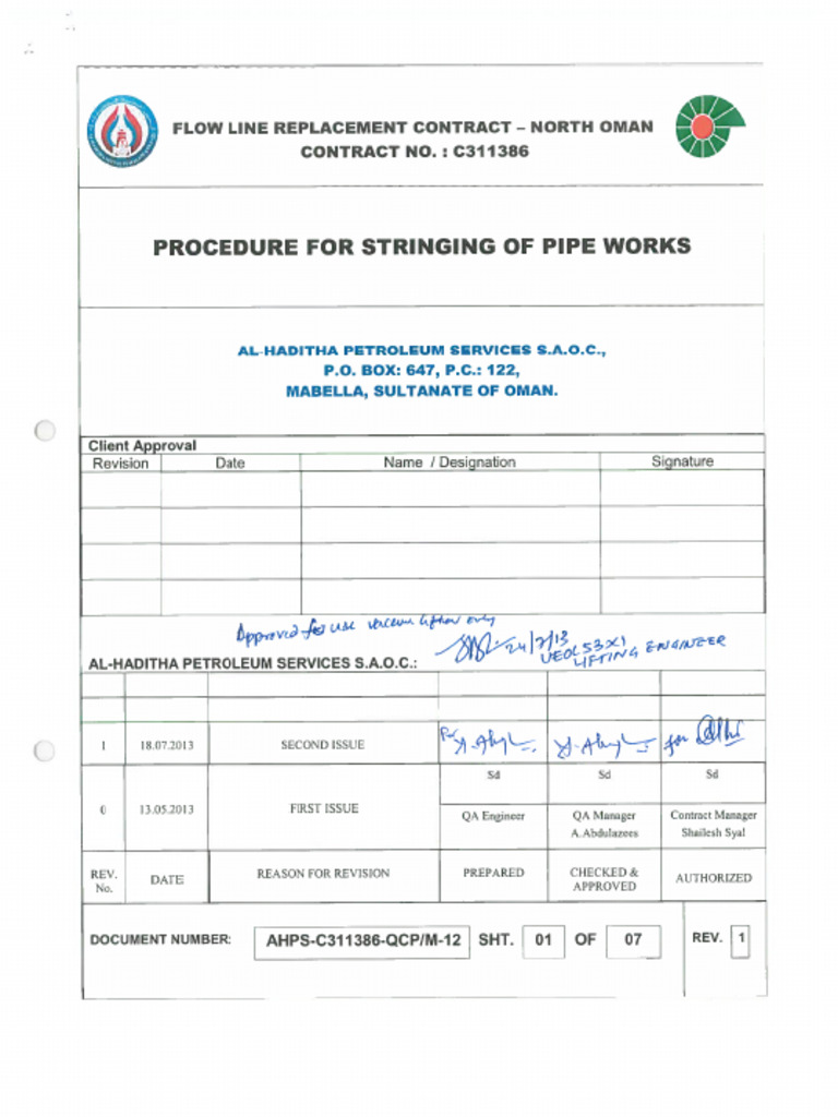 QCP-M-12_1 - Procedure for Stringing of Pipeworks | PDF