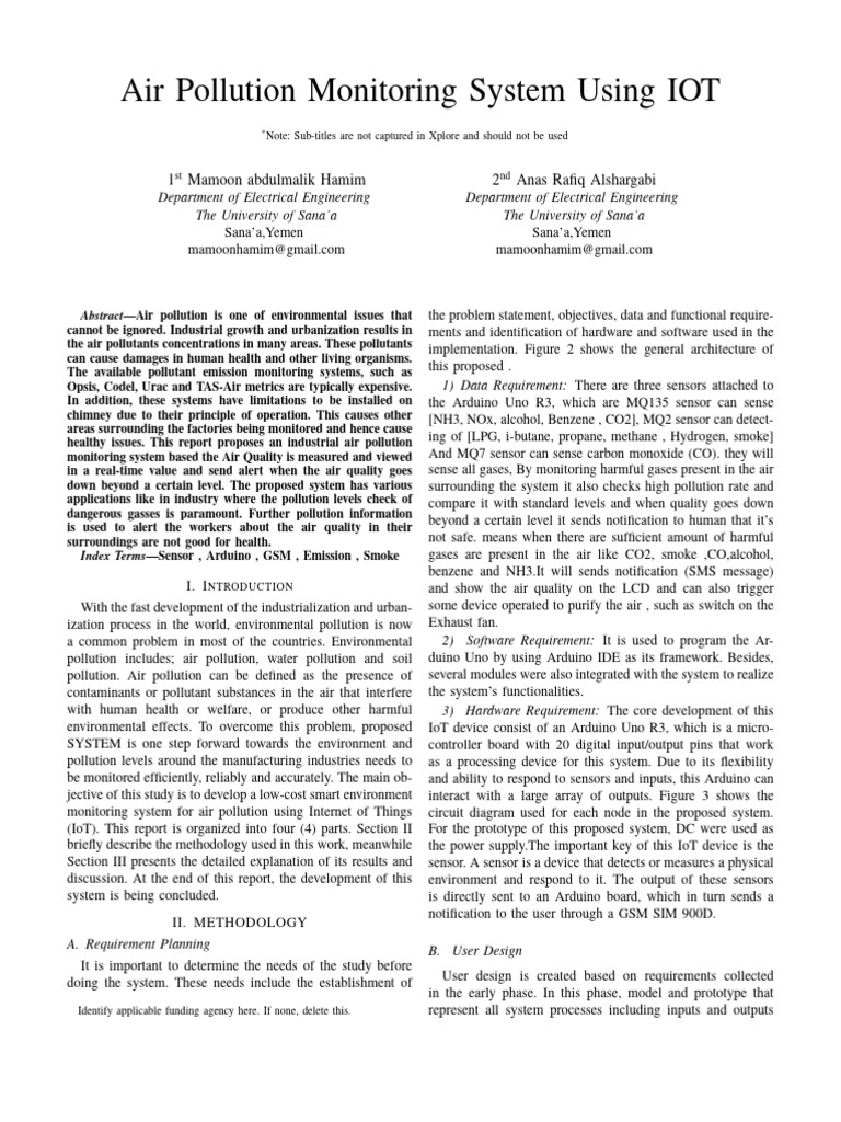 Air Pollution Monitoring System Using IOT: 1 Mamoon Abdulmalik Hamim 2 ...