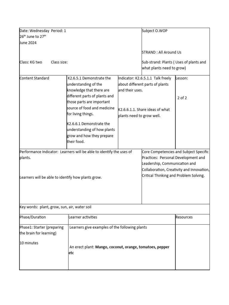 wk 9 Lesson ( OWOP) KG two | PDF | Plants | Learning