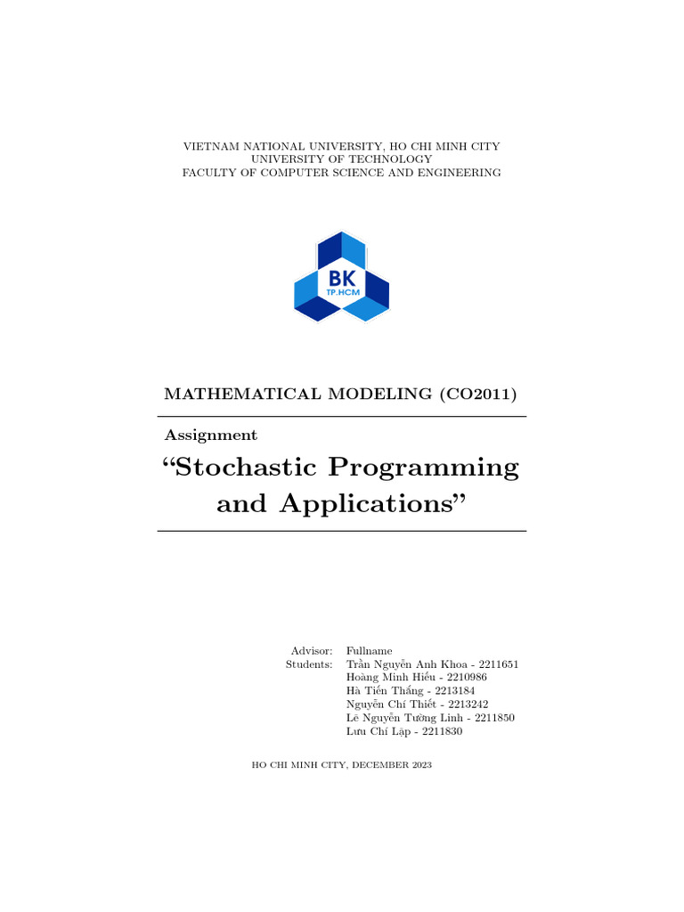 "Stochastic Programming and Applications": Mathematical Modeling (Co2011) Assignment | PDF