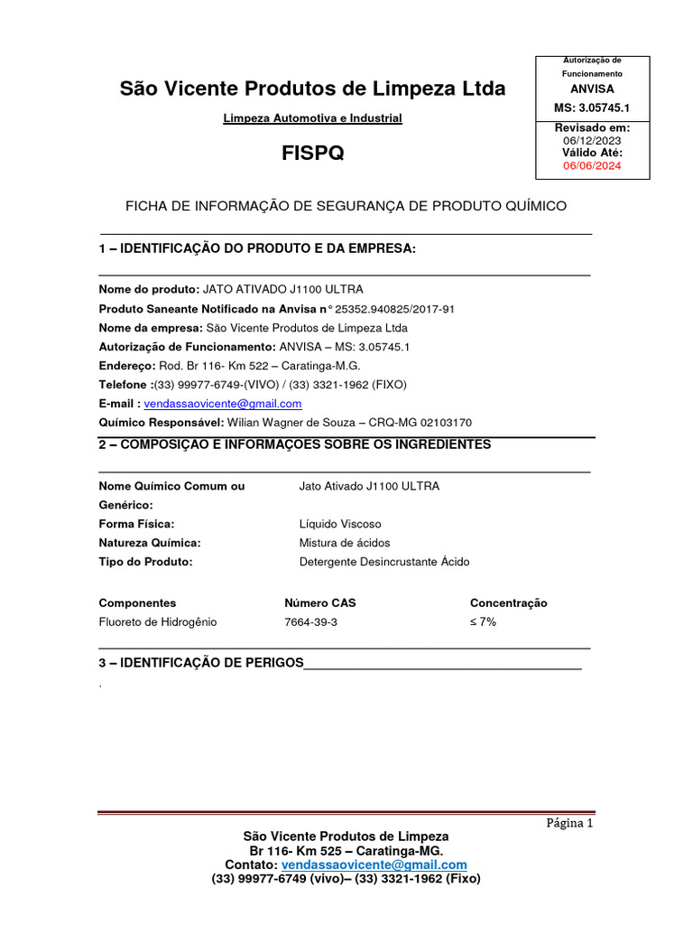 Ficha de Segurança: Jato Ativado J1100 | PDF | Corrosão | Desperdício