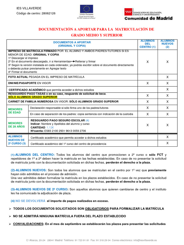 Documentación para Matriculación IES Villaverde | PDF