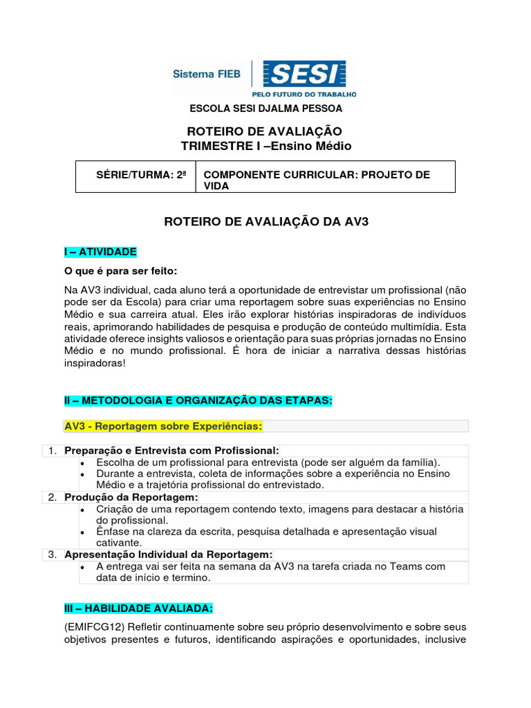 2 SÉRIE AV3 I Trimestre PROJETO DE VIDA | PDF | Ciências Sociais