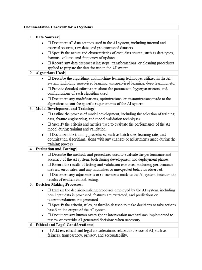 Documentation Checklist for AI Systems | PDF | Artificial Intelligence | Intelligence (AI ...