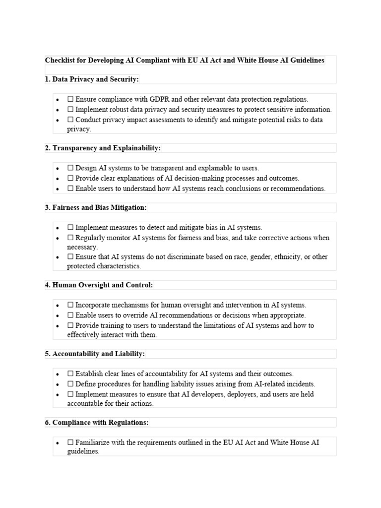 Checklist For Developing AI Compliant With EU AI Act and White House AI Guidelines | PDF ...