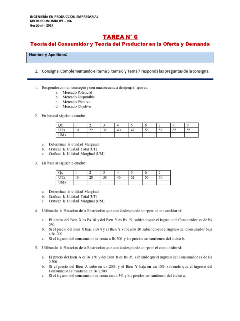 2024 Tarea 6 Ipe 306 | PDF | Utilidad marginal | Microeconomía