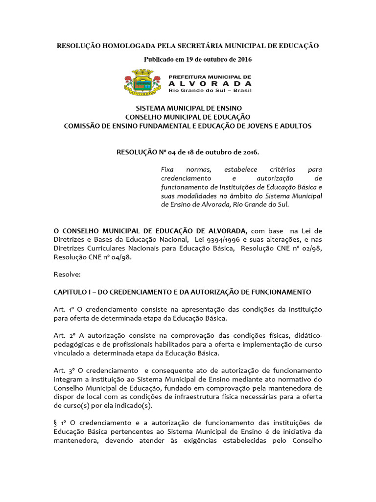 Resolucao 04 Criterios Educacao Basica Credenciamento E Autorização De