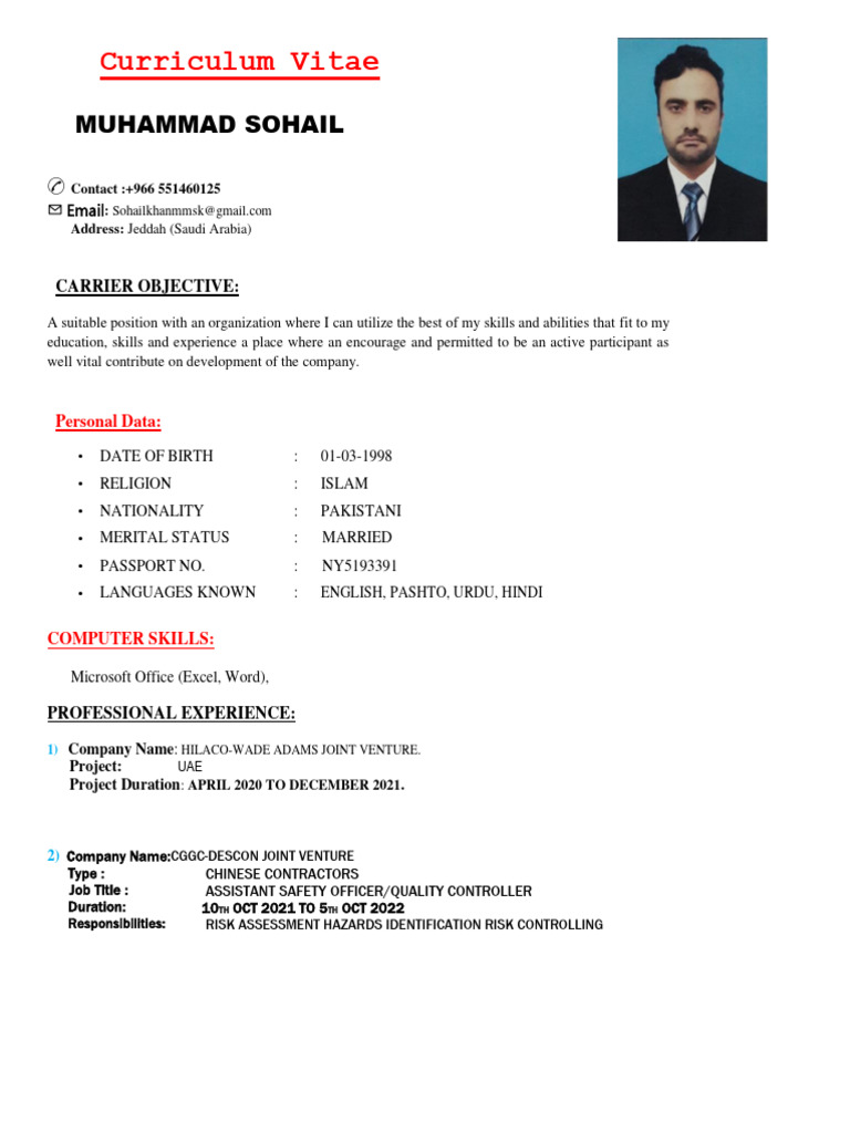 Muhammad Sohail Safety Officer CV | PDF