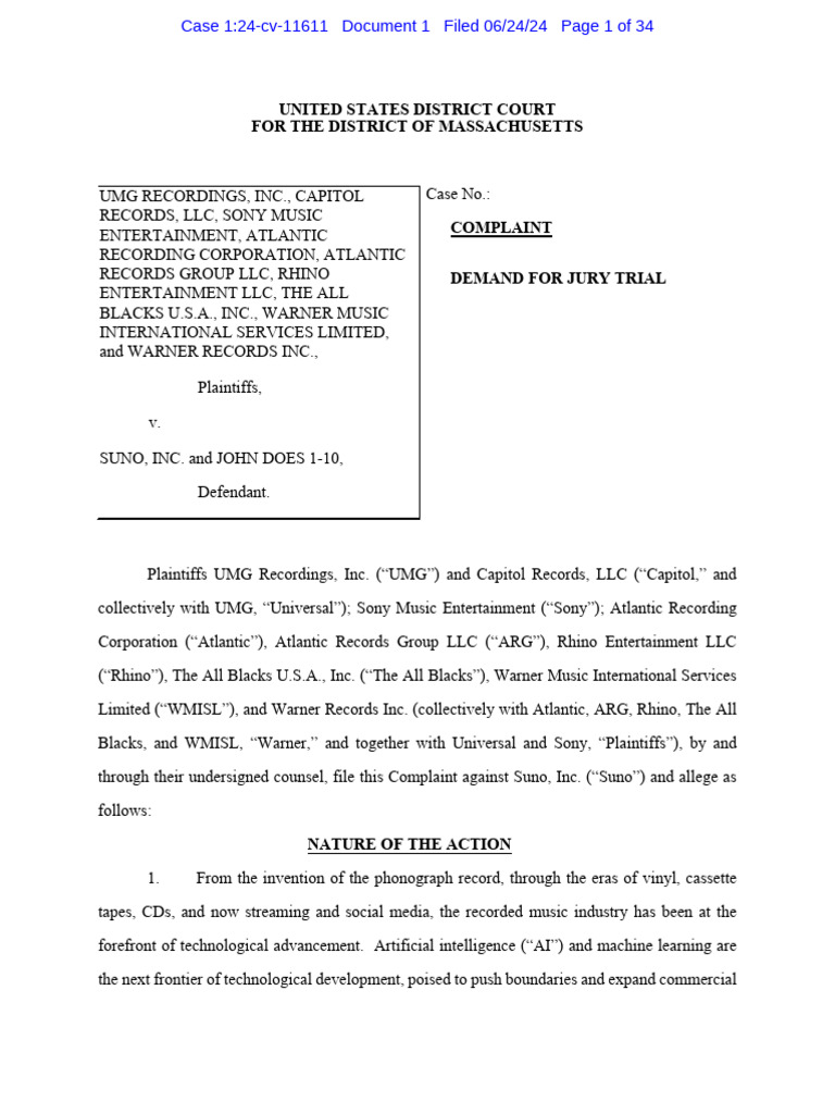 UMG v. Suno | PDF | Copyright | Artificial Intelligence