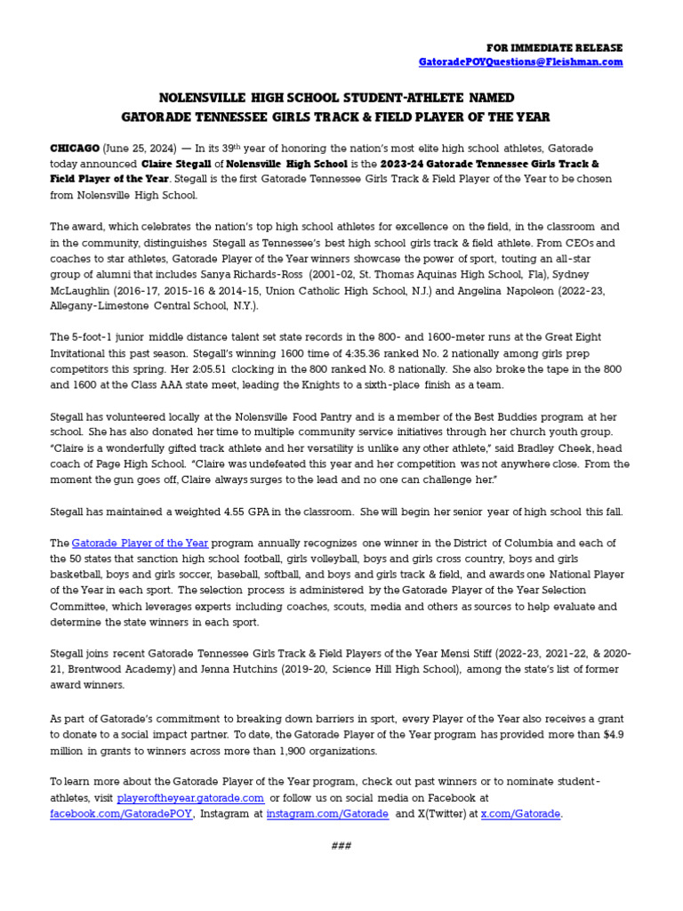 2024 Gatorade Player of The Year - Claire Stegall | PDF | Sports