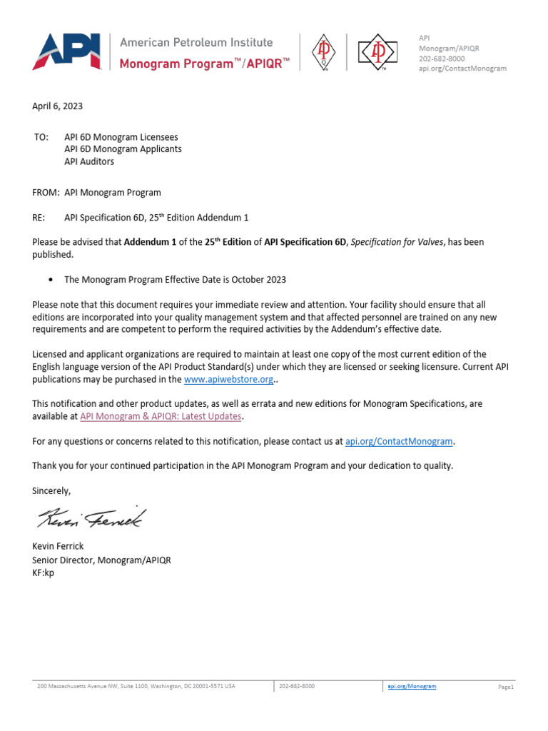 API 6D Addendum Notification | PDF | Technology & Engineering