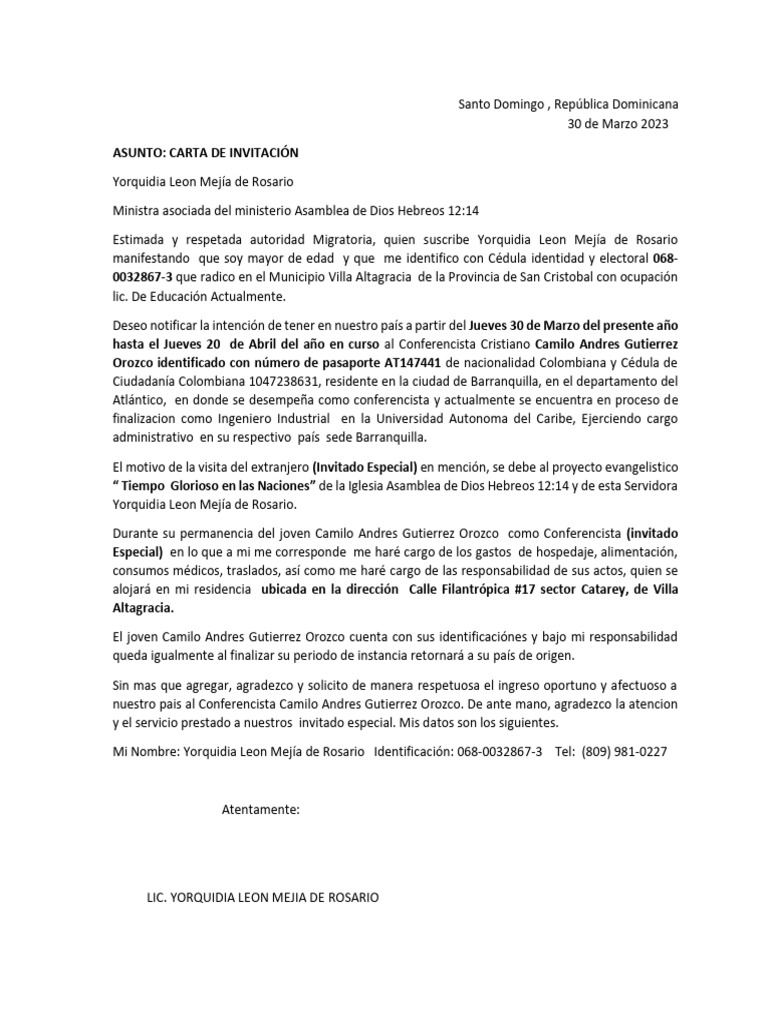 Carta de Invitación para Conferencista Cristiano | PDF | República ...