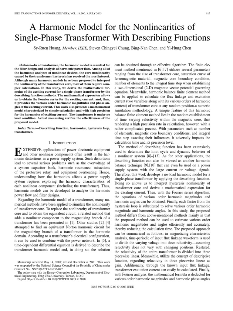 A Harmonic Model For The Nonlinearities of Single Phase Transformer With Describing Functions ...