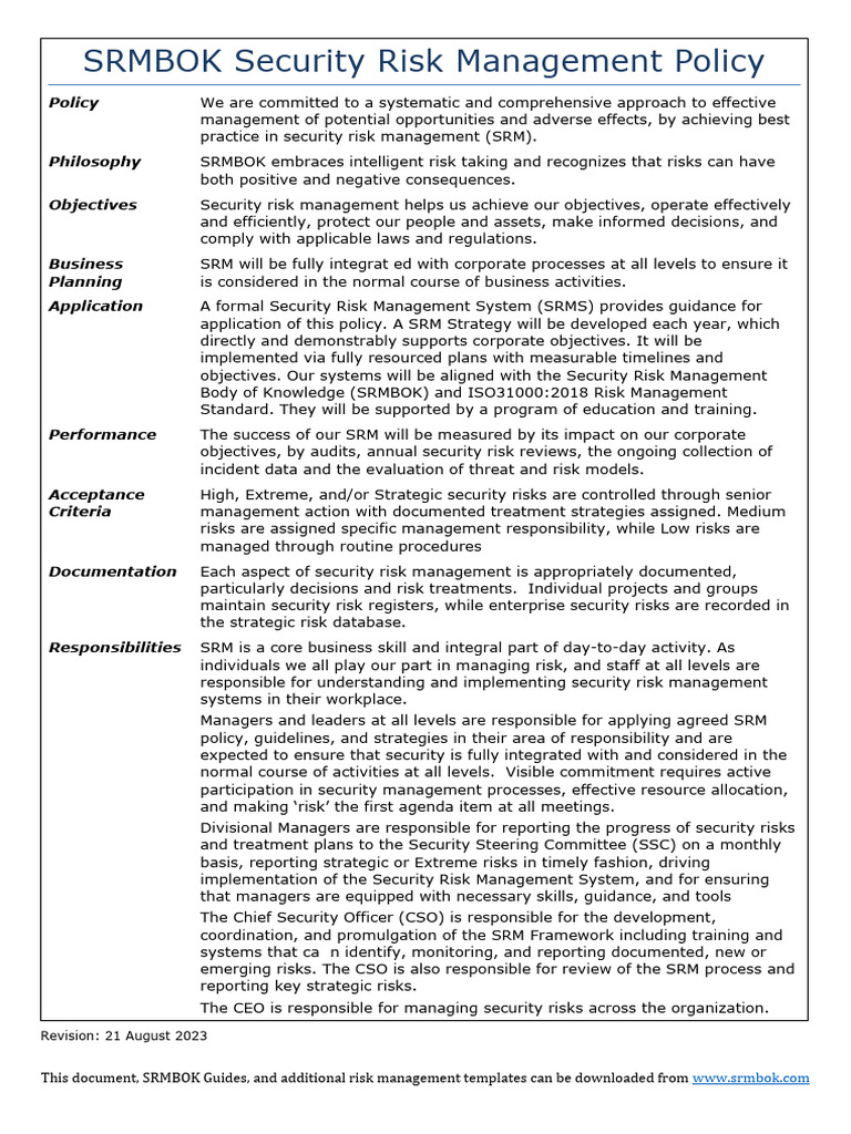Security Risk Management Policy Overview | PDF | Risk Management | Risk