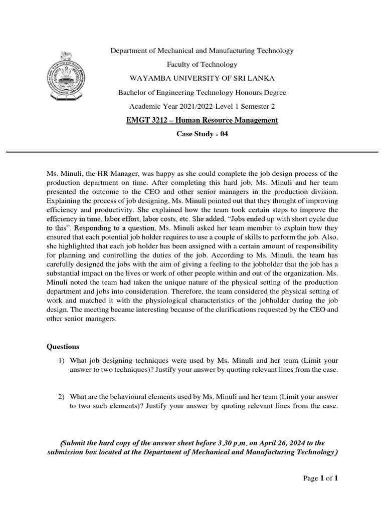 Case Study 04 - EMGT 3212 (T) | PDF | Human Resource Management | Business