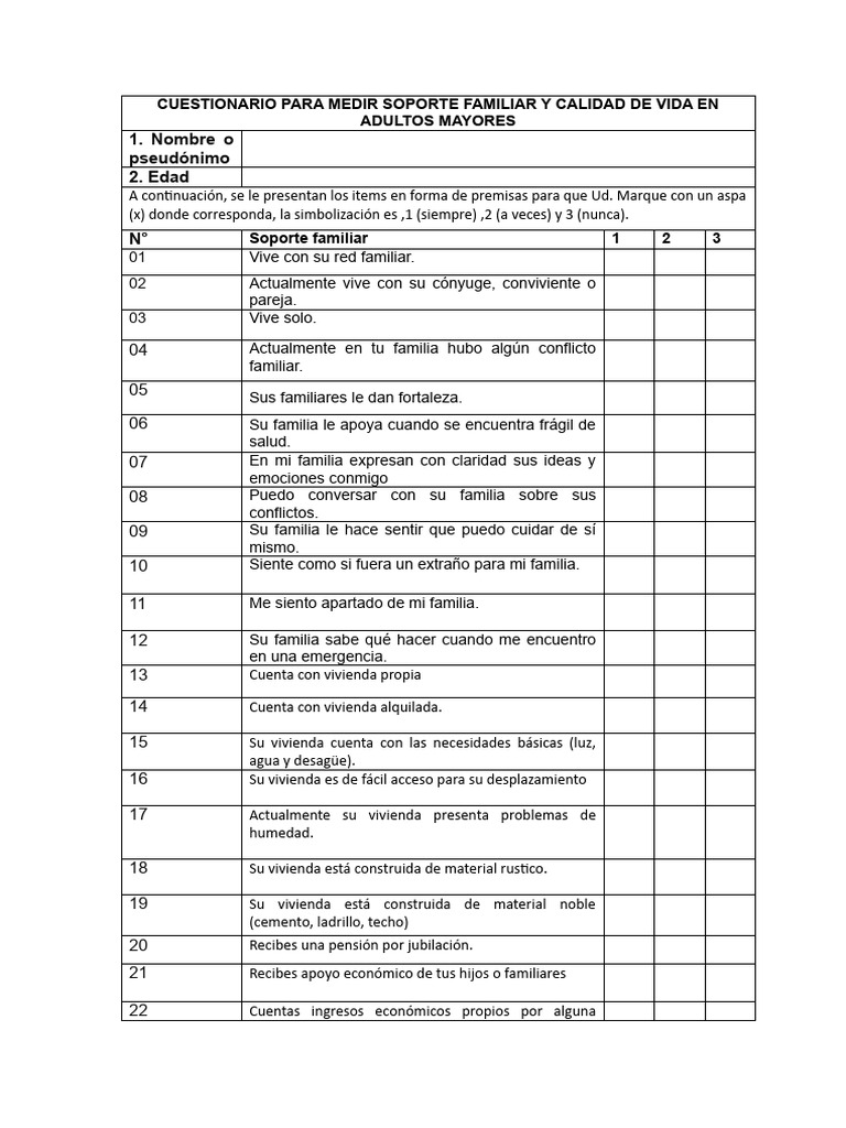 Cuestionario sobre Soporte Familiar y Calidad de Vida | PDF | Salud y ...