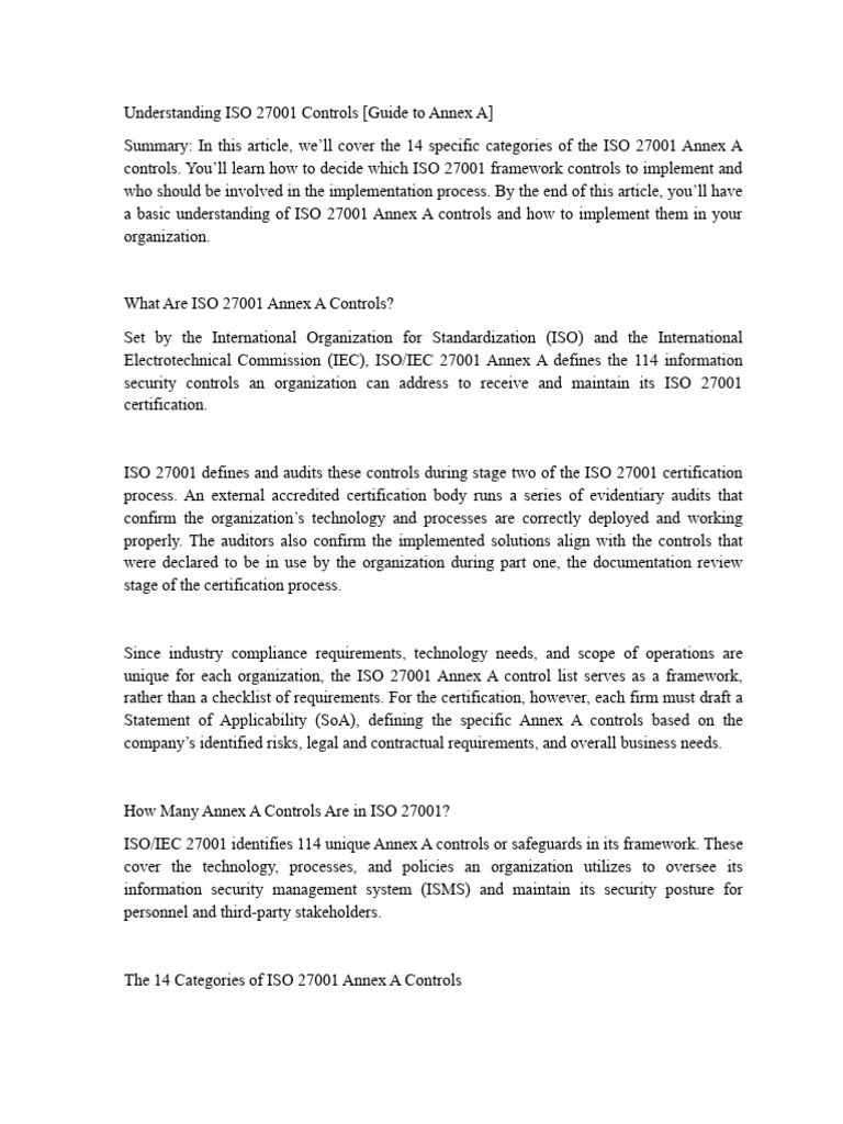 Understanding ISO 27001 Controls (Guide To Annex A) | PDF | Information ...