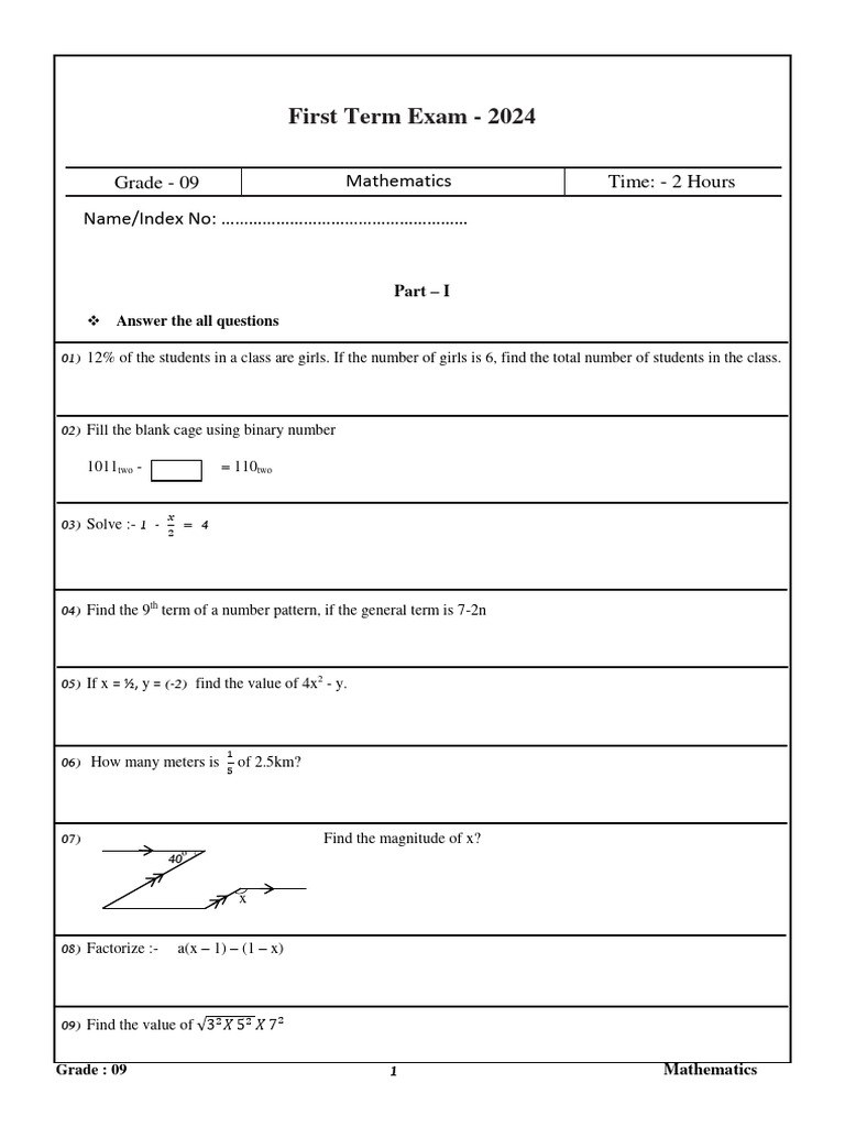 2023 Grade 09 Maths 1st Term Test Paper English Medium | PDF | Area ...