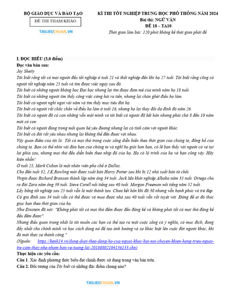 ĐỀ VIP 18 - PHÁT TRIỂN ĐỀ MINH HỌA THAM KHẢO BGD MÔN VĂN NĂM 2024 (TA10) | PDF