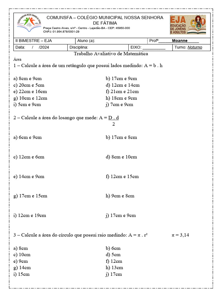 Trabalho Avaliativo de Matemática - Eixo V | PDF | Geometria Elementar