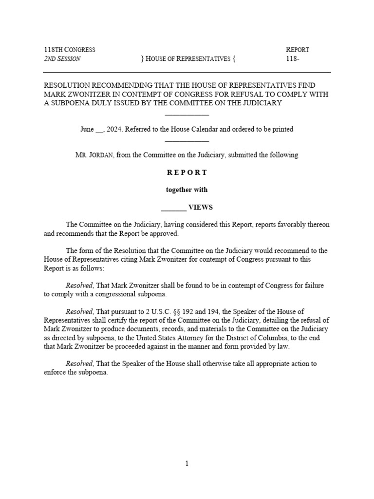 Zwonitzer Contempt Report | PDF | Congressional Oversight | Discovery (Law)