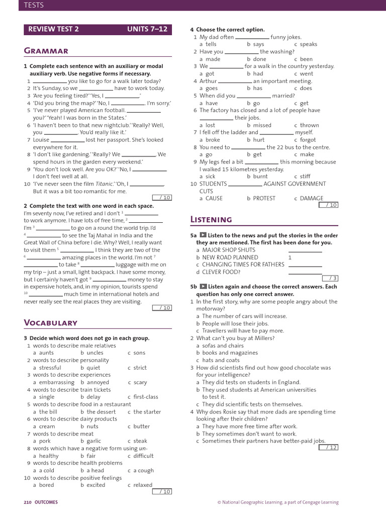 Outcomes Elementary Review Test 2 | PDF