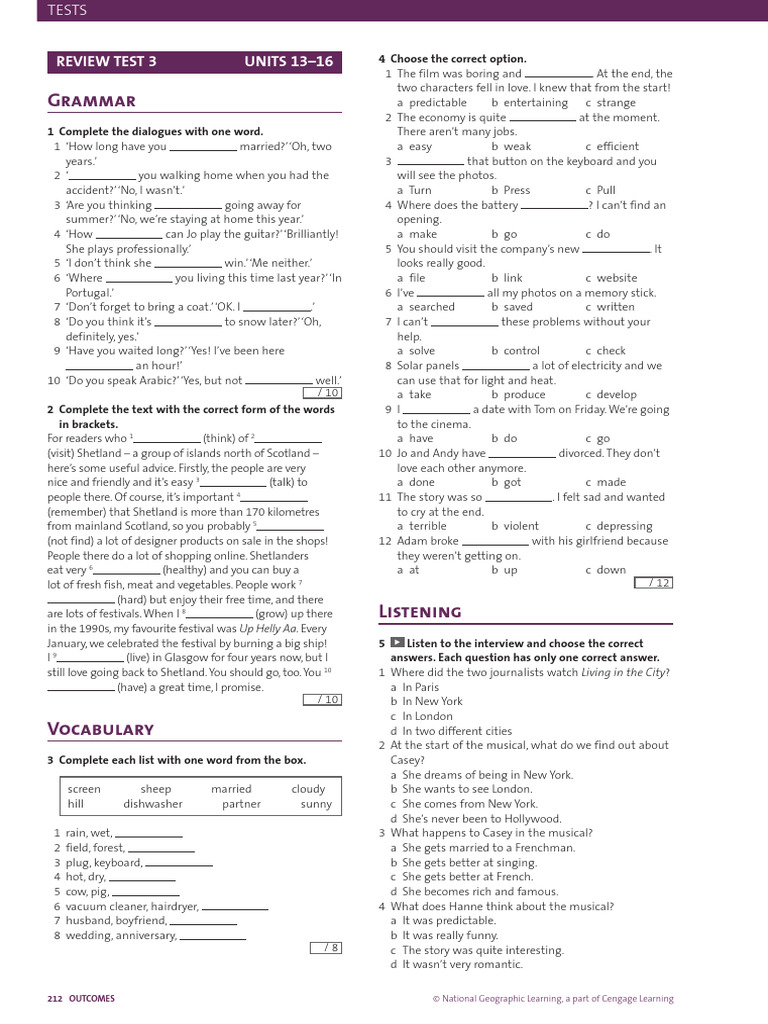 Outcomes Elementary Review Test 3 | PDF