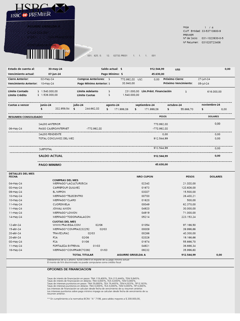Resumen de Cuenta HSBC Premier | PDF | Tarjeta de crédito | Tarjeta de ...